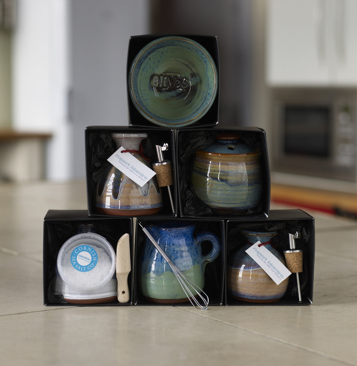 Olive oil decanters and hand made pottery by Rupert Blamire.